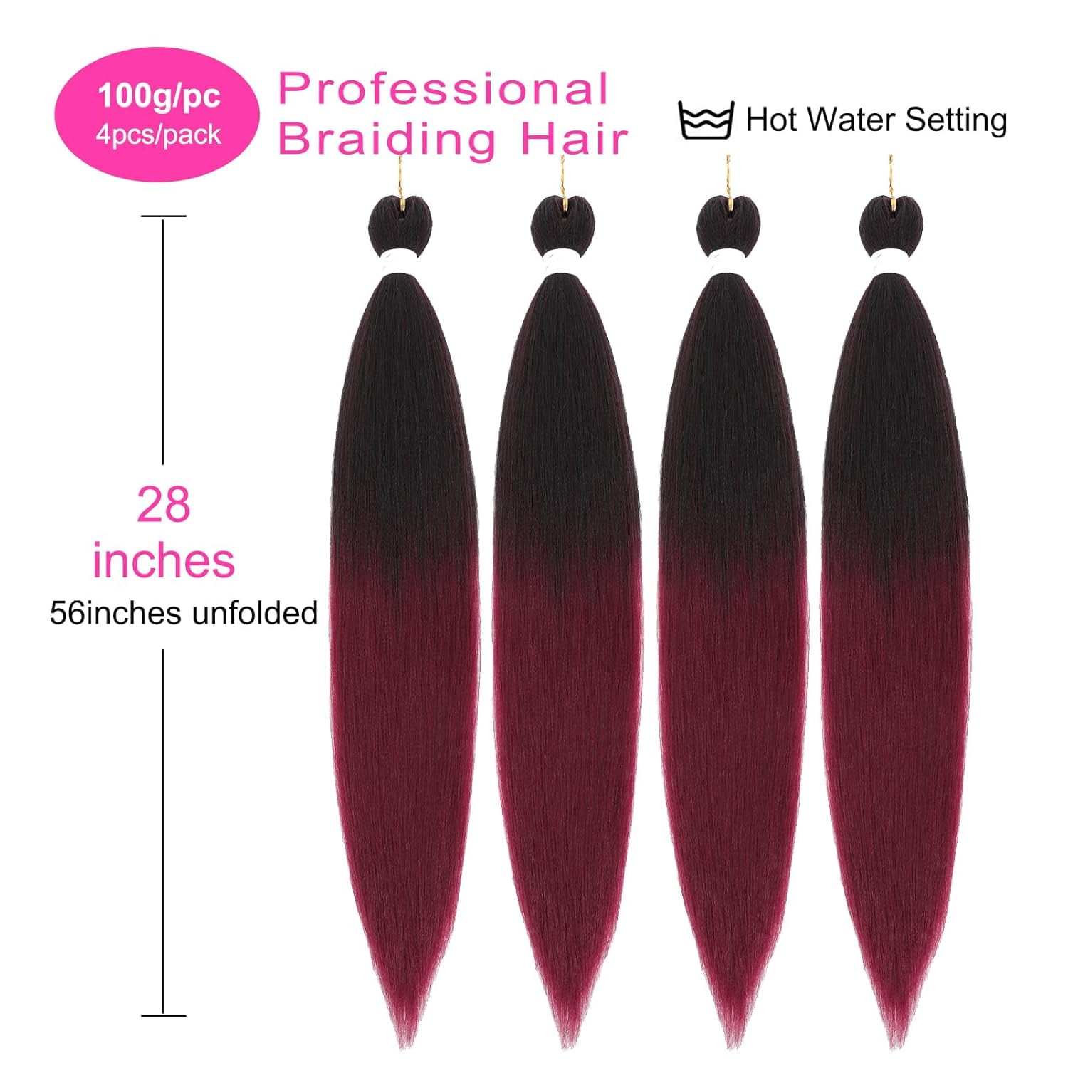 WEIF-28inch Burgundy Ombre Braiding Hair Pre Stretched 4pcs/pack Black ...