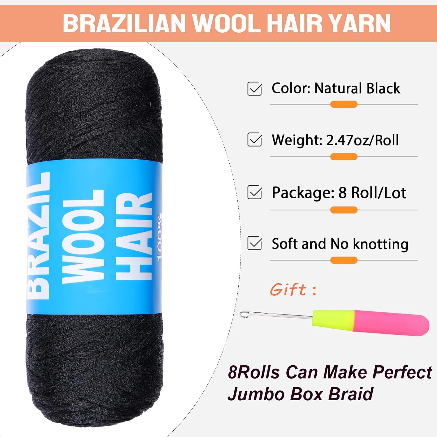 WEIF-8 Pcs Brazilian Wool for Braids Natural Black Brazilian Wool ...