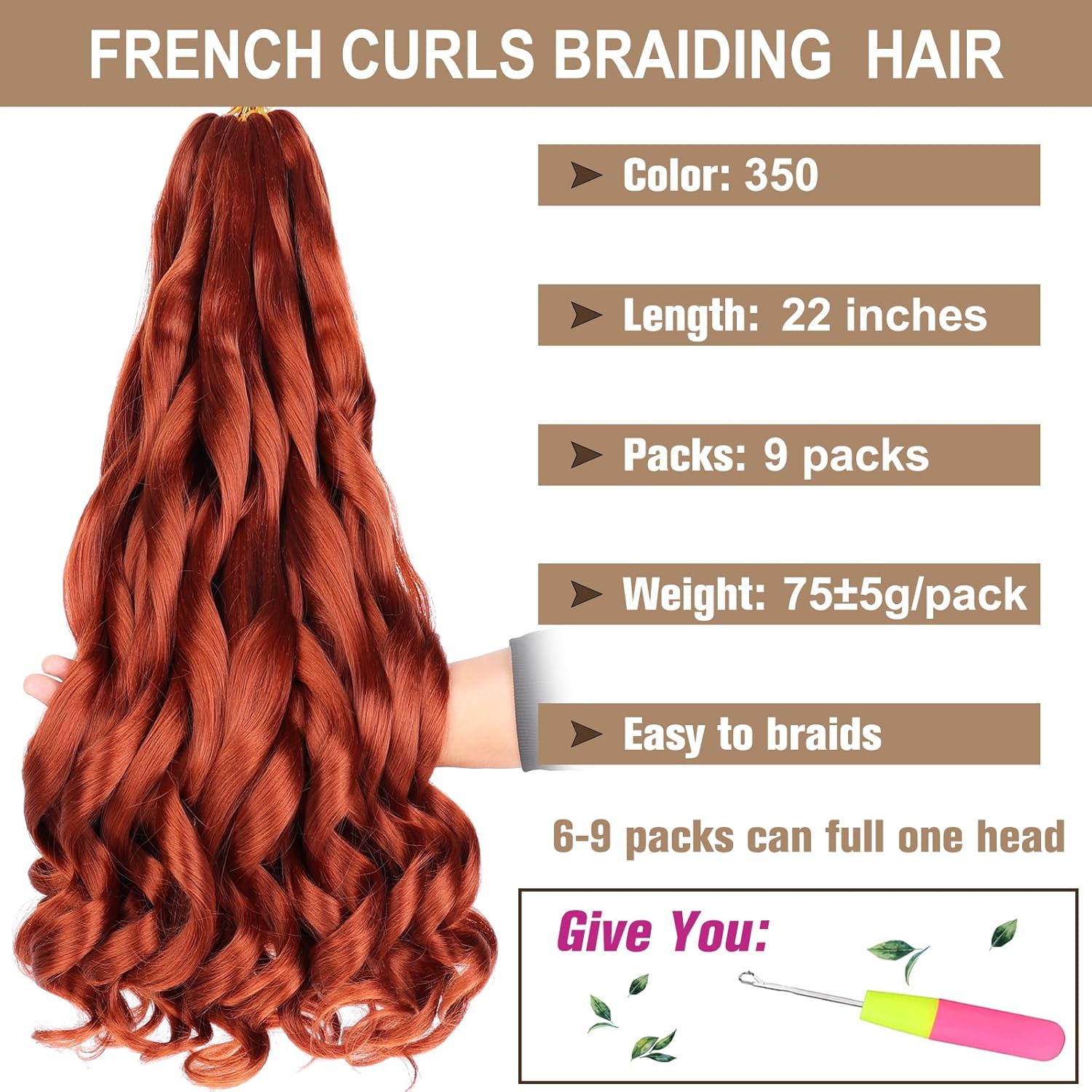 WEIF-9 Packs 22 Inch Ginger French Curl Braiding Hair 75g/Pack Premium ...