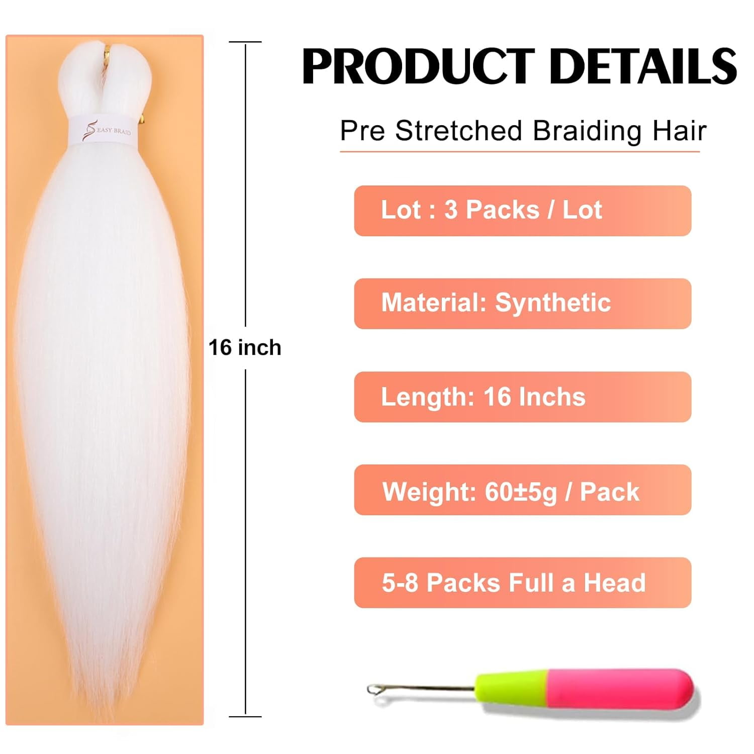 WEIF-Braiding Hair Pre Stretched 16 Inch 3 Packs, White Pre stretched ...