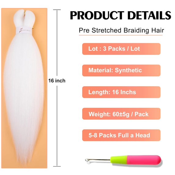 WEIF-Braiding Hair Pre Stretched 16 Inch 3 Packs, White Pre stretched ...
