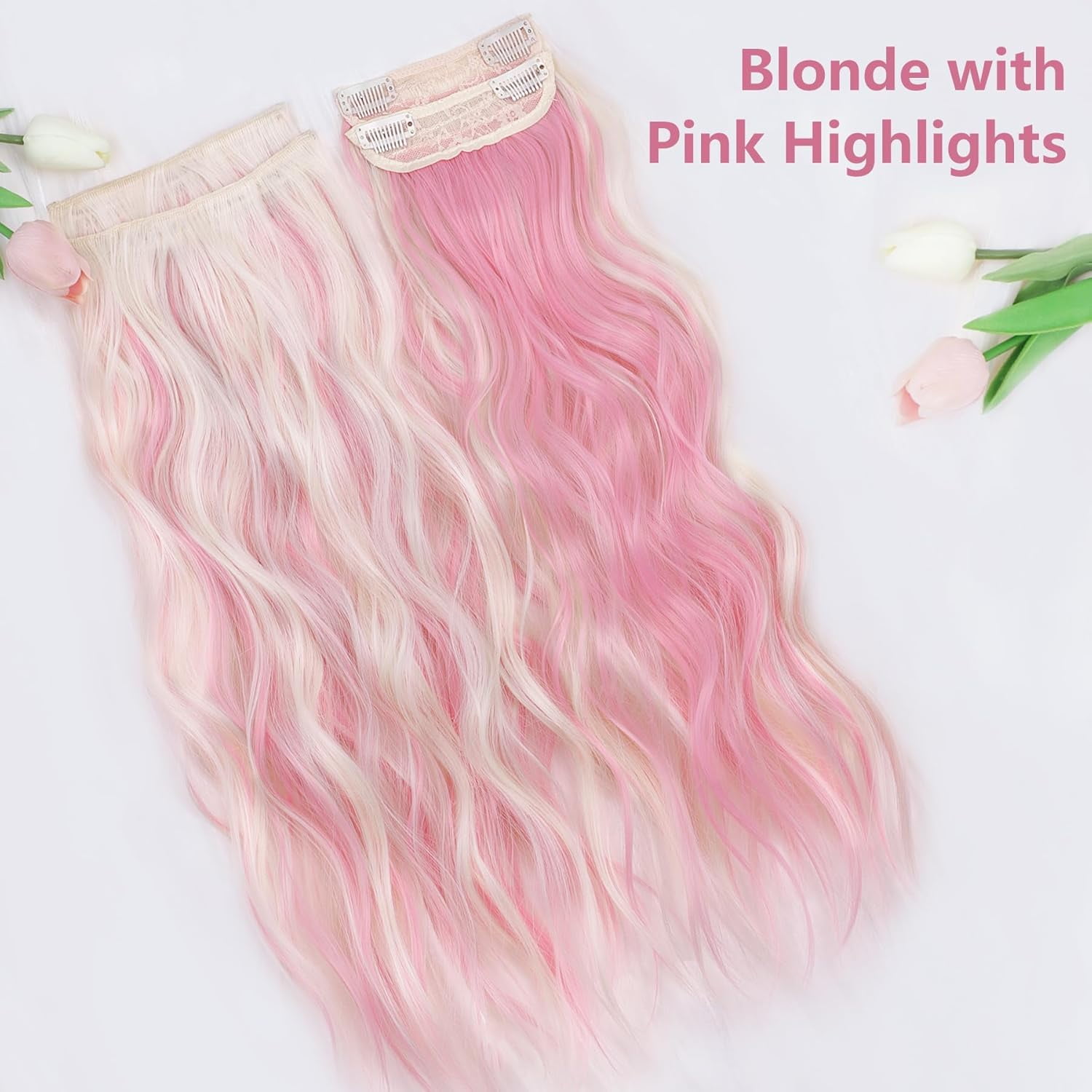 WEIF-Clip in Long Wavy Hair Extension 20 Inch Blonde Pink Hair ...