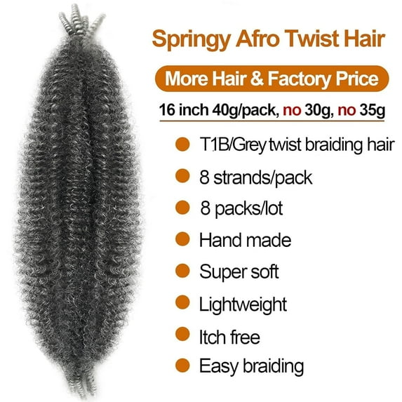 WEIF-Grey Springy Afro Twist Hair 8 Packs Cuban Twist Hair 16 Inch ...