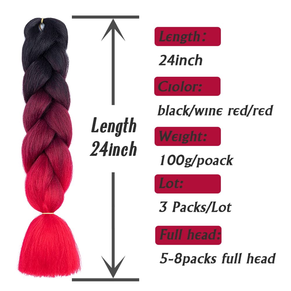 WEIF-Ombre Red Braiding Hair Extensions 24 Inch 3 Packs Synthetic High ...