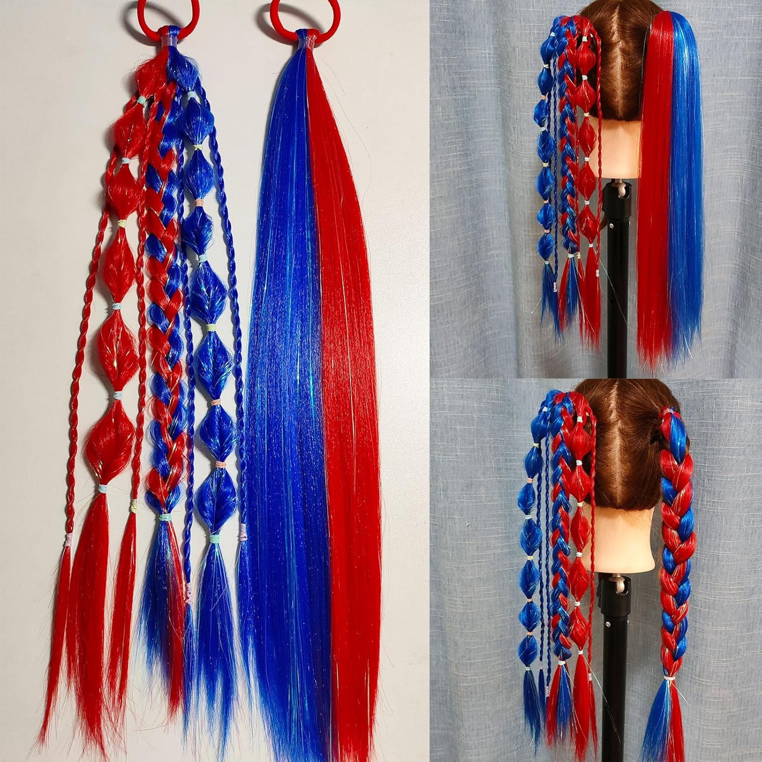 WEIF-Red and Blue Hair Extensions for Kids Ponytail Extension 2 Packs ...