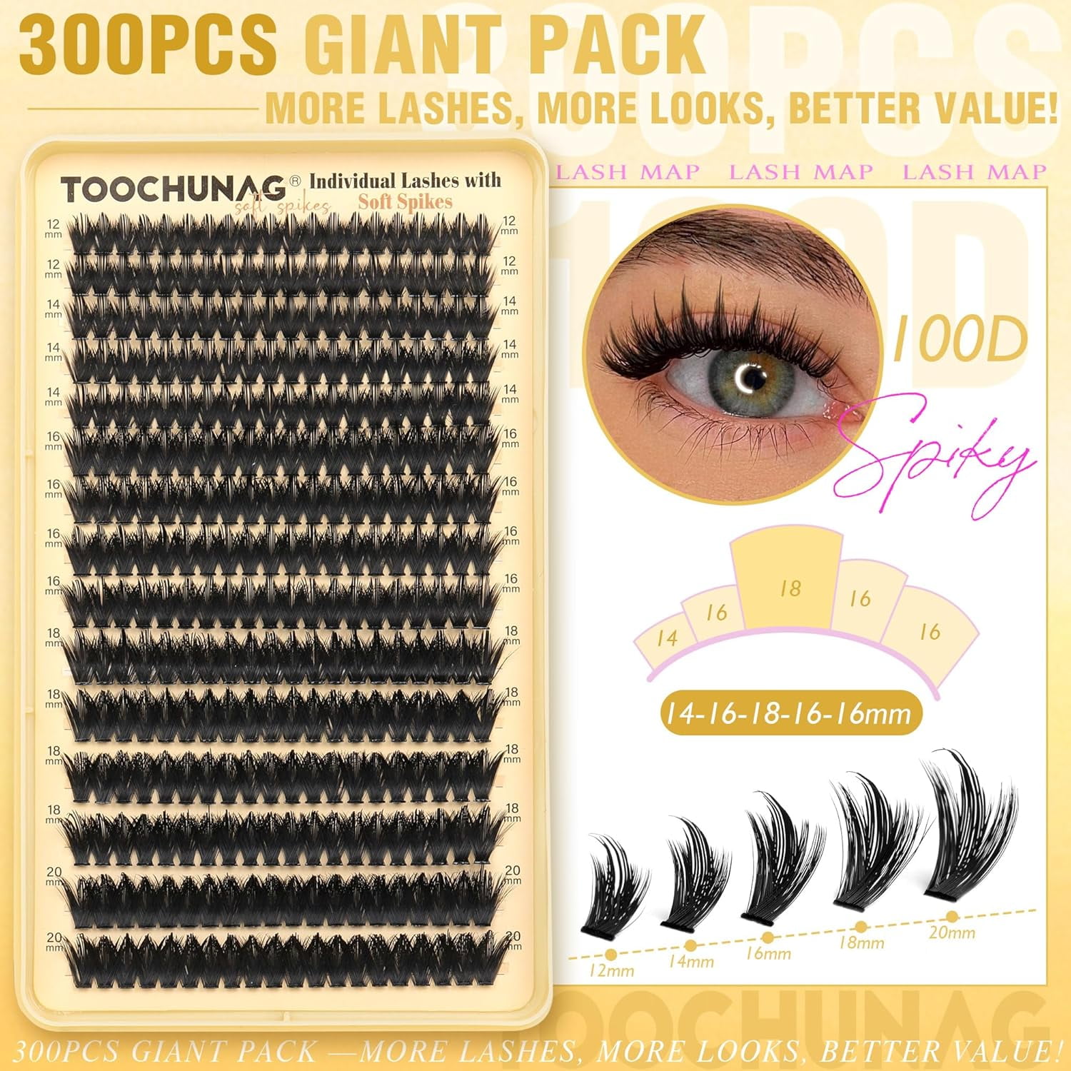 WEIF-Spiky Lash Clusters 300pcs 100D Long Eyelash Clusters 12-20mm ...