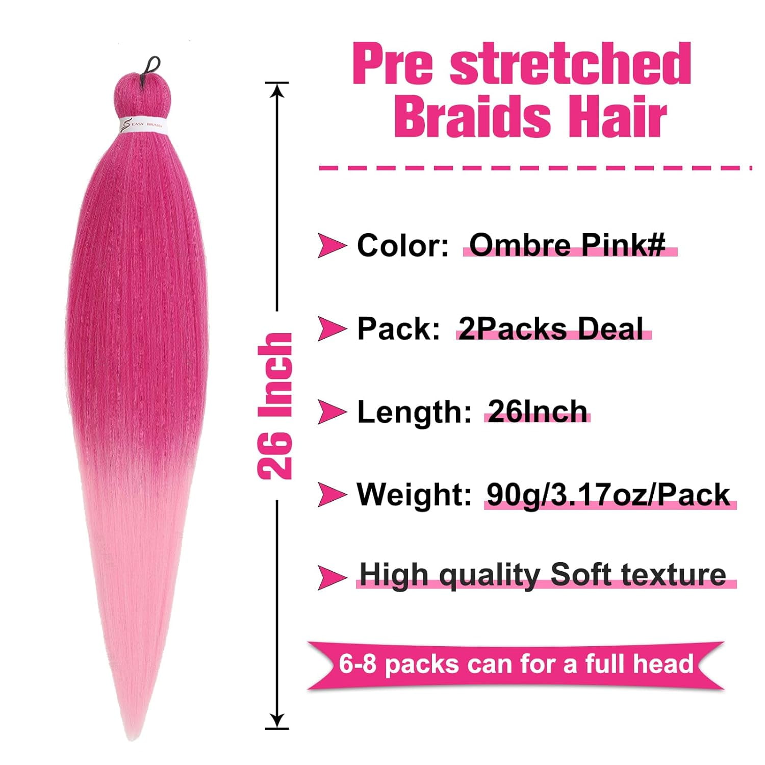WEIF-Unionbeauty Pre Stretched Braiding Hair 26 Inch Ombre Pink ...