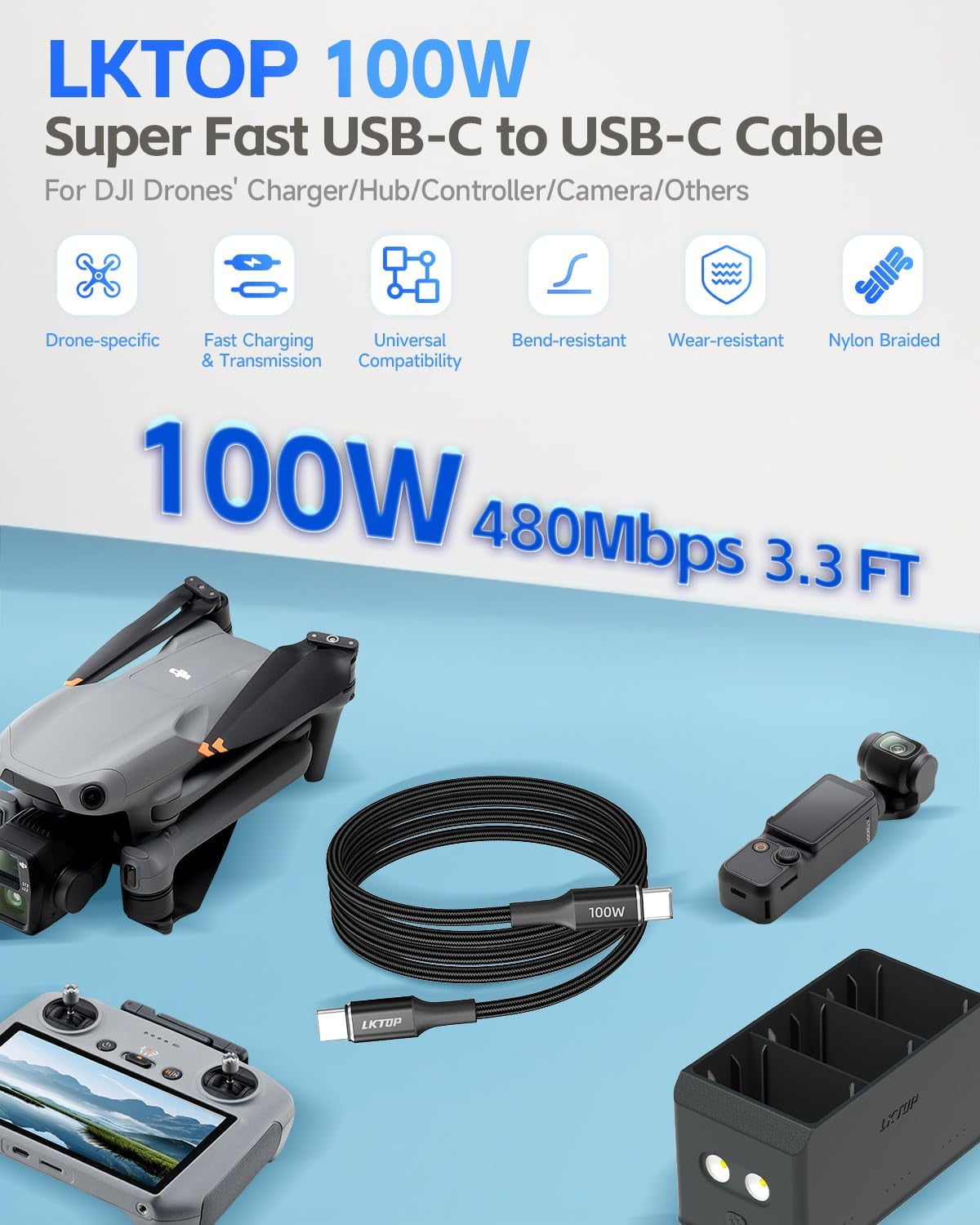 WEIFEI-100W USB C to USB C Cable for DJI Drone Accessories, Fast ...