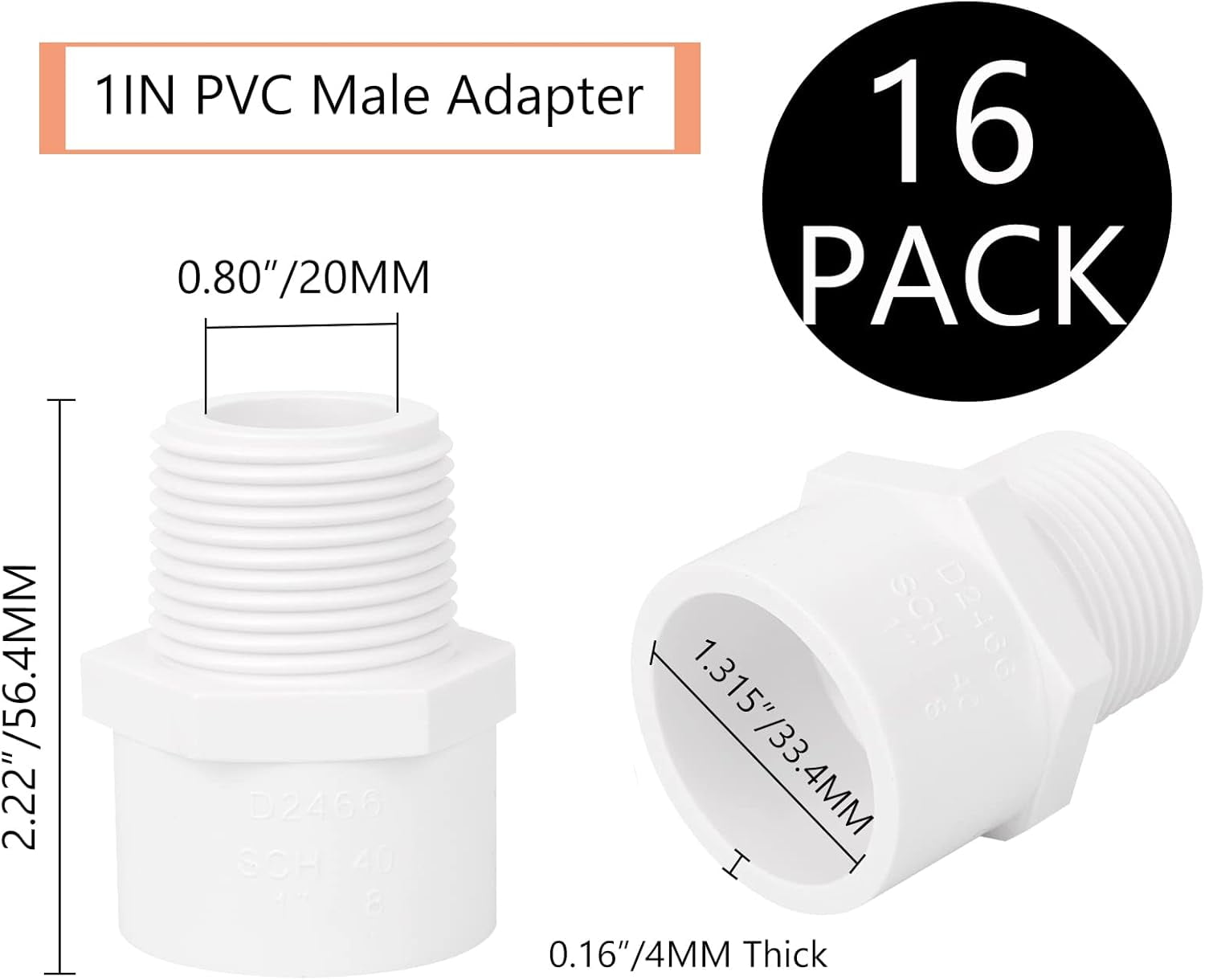 WEIFEI-16Pack 1" PVC Male Adapter Pipe Fittings (Socket x Pipe Thread ...
