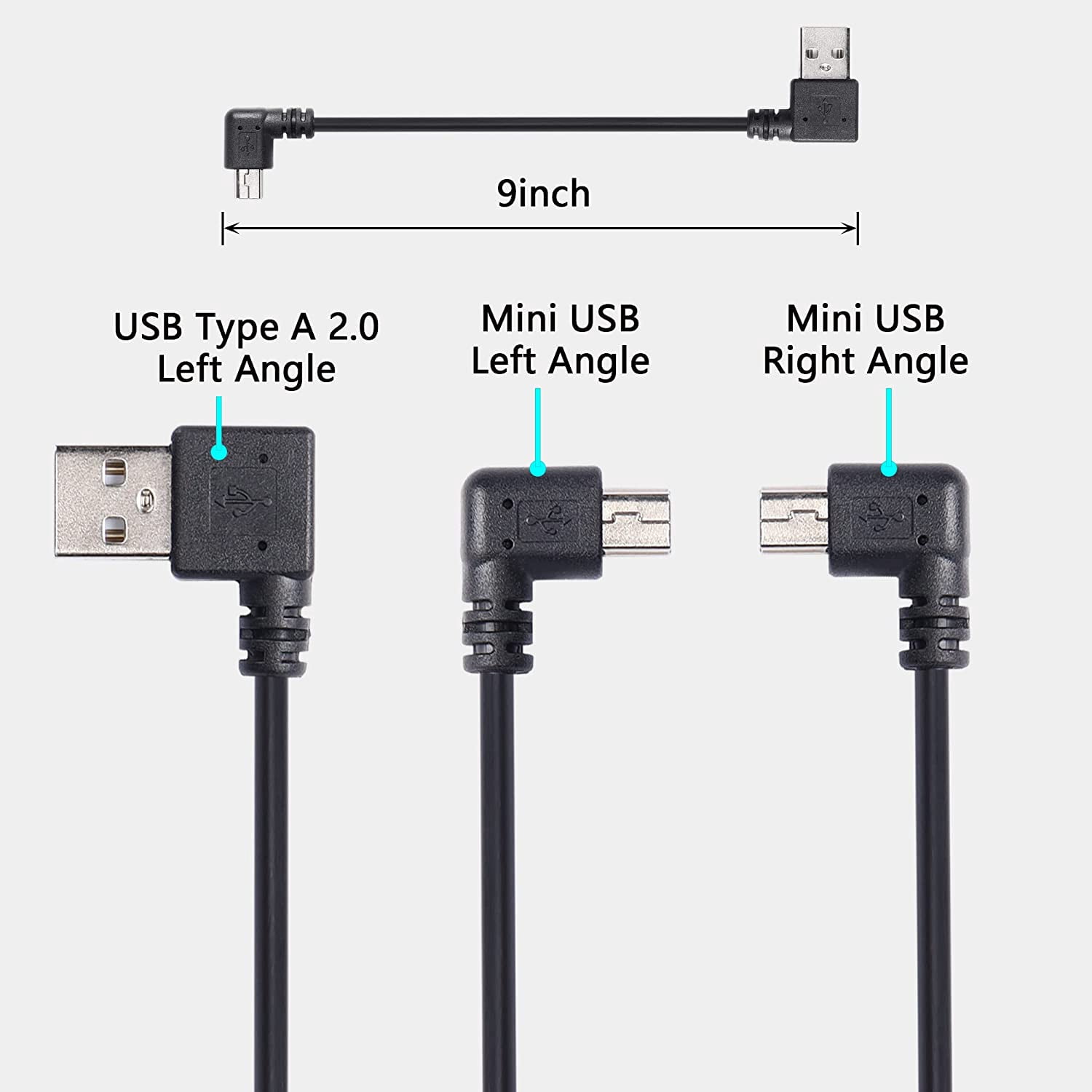 WEIFEI-9Inch Mini USB Cable Combo Mini USB Right Angle & Left Angle ...