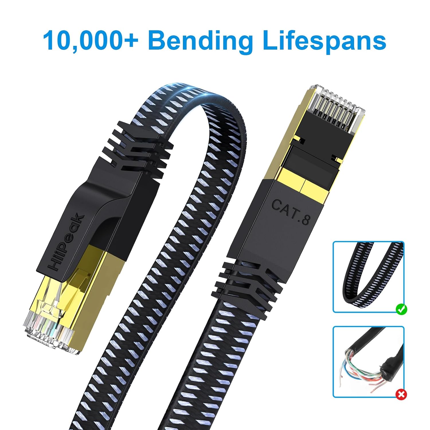 WEIFEI-Cat 8 Ethernet Cable 75 ft, Flat Nylon Braided Internet Cable ...