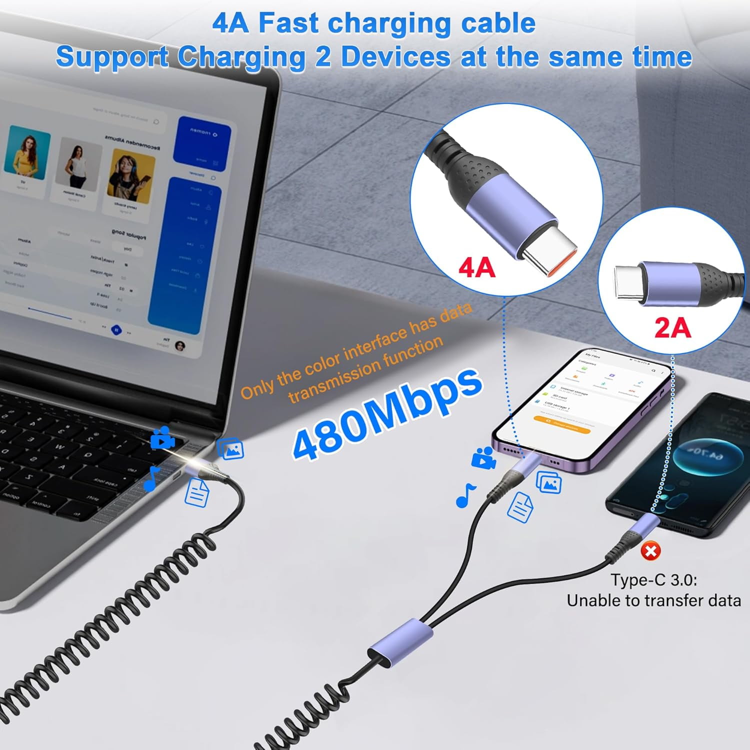 WEIFEI-Coiled USB-C Splitter Cable USB-A to Dual USB-C Spring Cable 2 ...