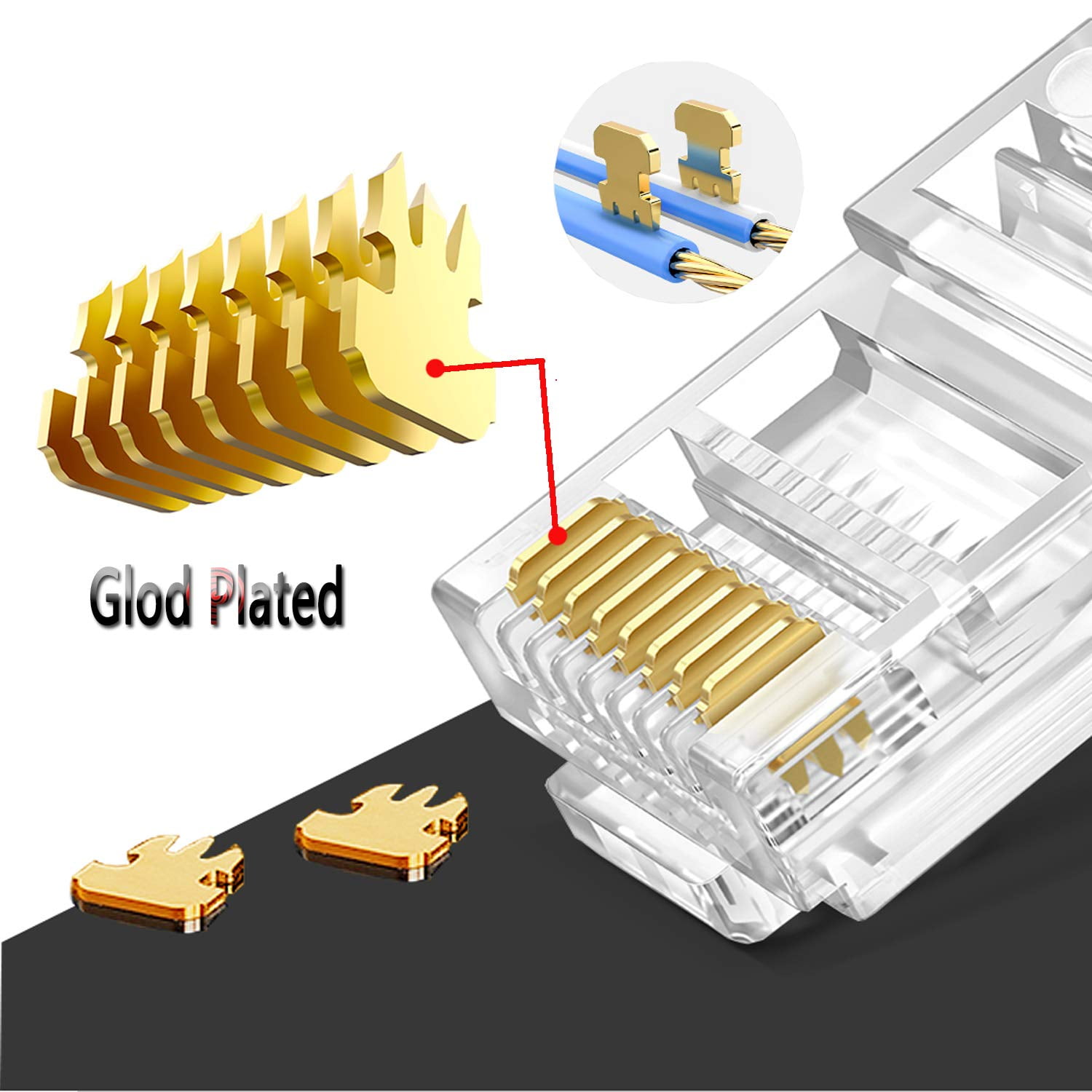 WEIFEI-RJ45 Cat6 Pass Through Connectors Gold Plated 8P8C Ends and Blue ...