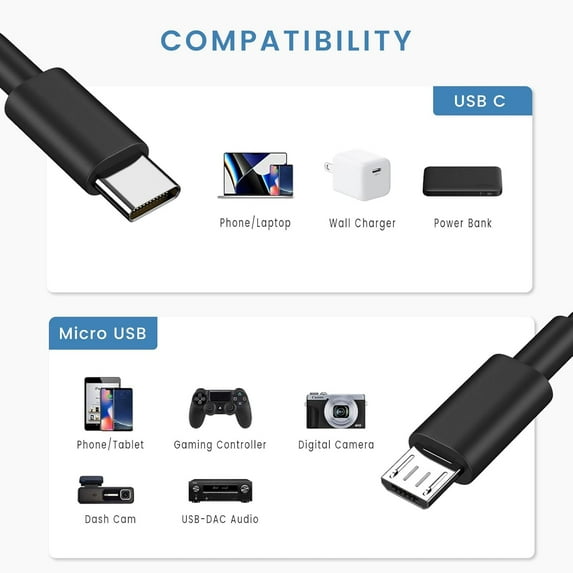 WEIFEI-Short 1ft USB C to Micro USB Cable 5-Pack, Data Transfer and ...