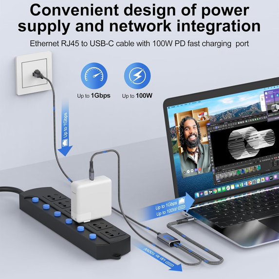 WEIFEI-USB C to Ethernet Cable with Charging 6.6 Feet, USB-C Male 100W ...