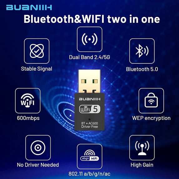 WEIFEI-WiFi Adapter for Desktop PC,USB WiFi Adapter,Bluetooth&WiFi 2-in ...