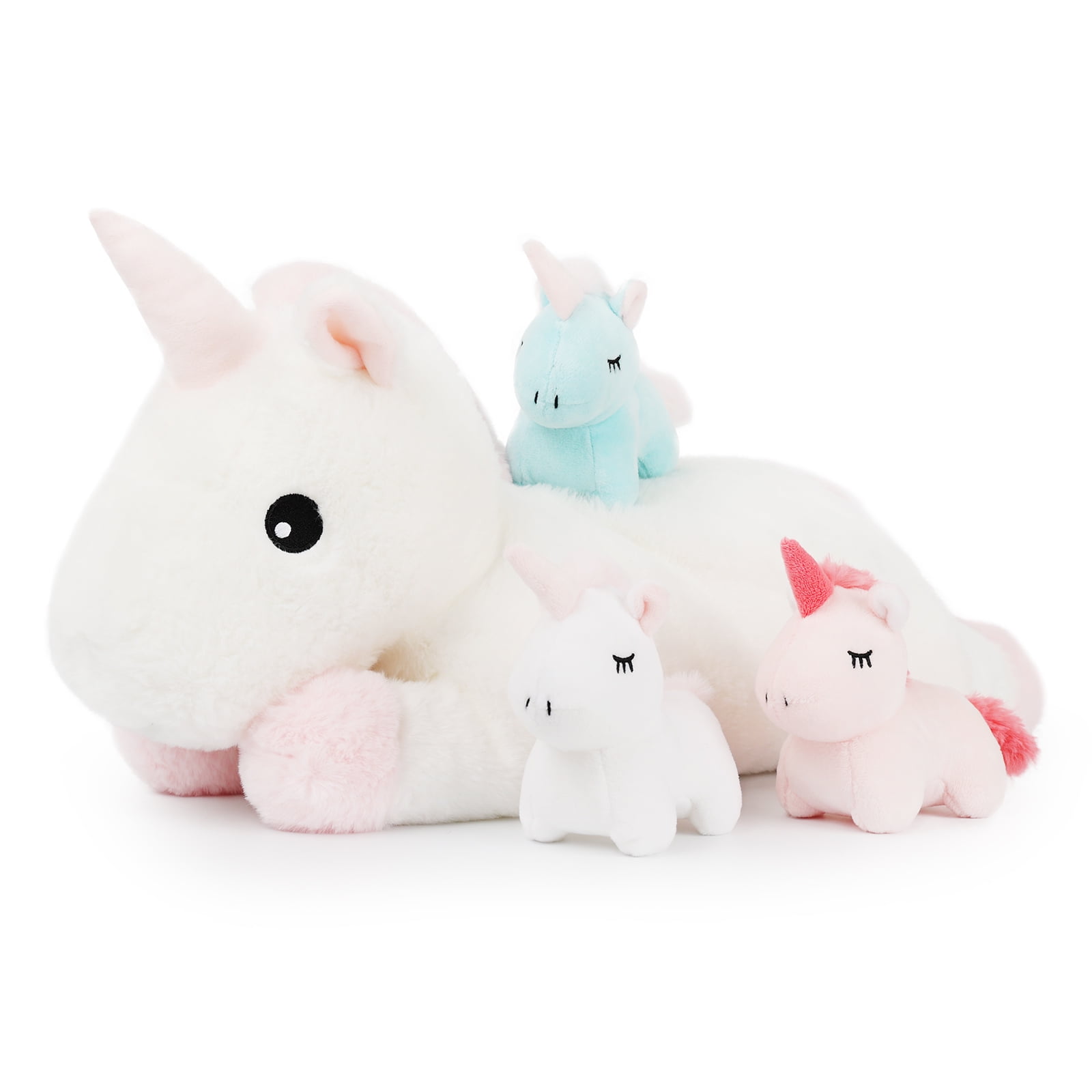 WEIGEDU Large Fluffy Stuffed Animals, 4 in 1 Plush Mommy Unicorn Set ...
