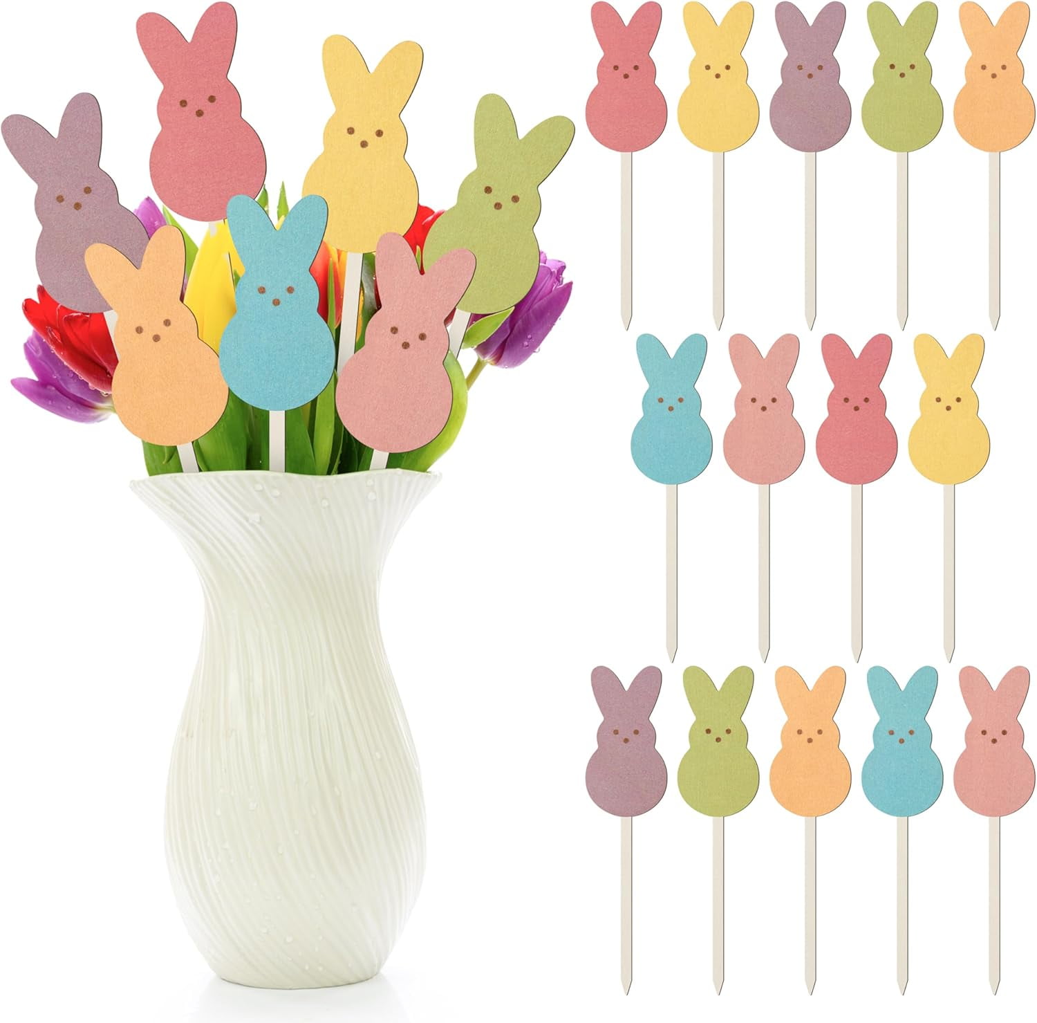 WEIH 14PCS Easter Wooden Picks Decorations for Home Bunny Double-sided ...