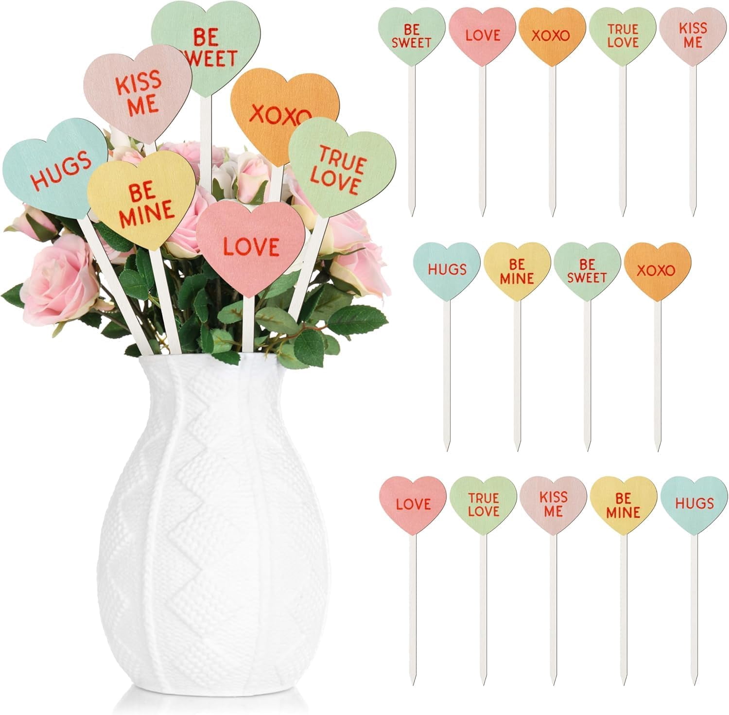 WEIH 14PCS Valentine’s Day Decorative Picks Cute Double-Sided Wooden ...