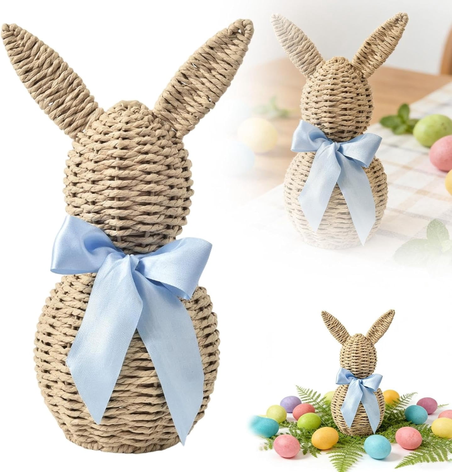 WEIH Rattan Easter Bunny with Light Blue Bow, Wicker Easter Decorations ...