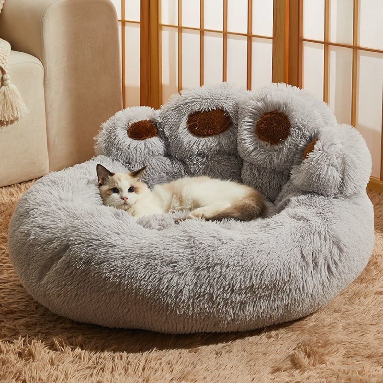 WEIKABU Plush Dog Cat Bed Calming Warm Comfort Ultra Soft Fluffy Faux ...