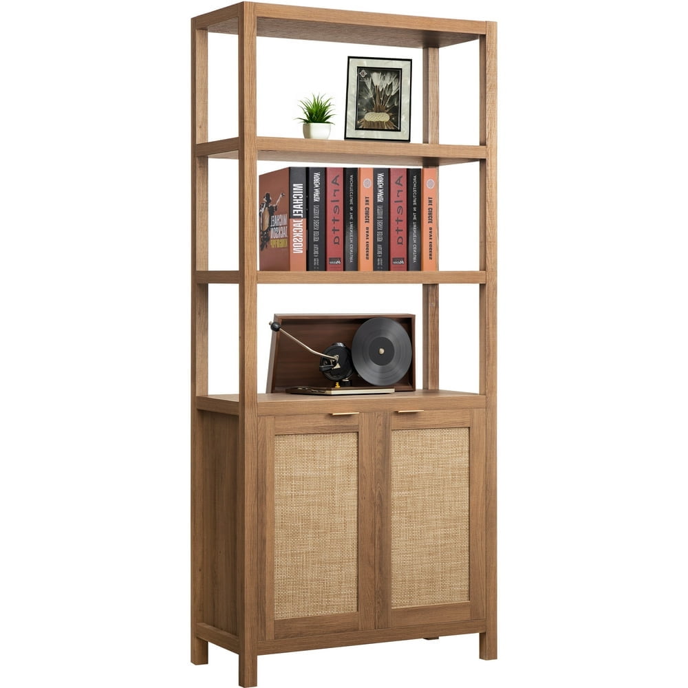 WEIKAISHU 5 Shelf Bookcase Rattan Bookshelf with Storage Cabinet Boho ...