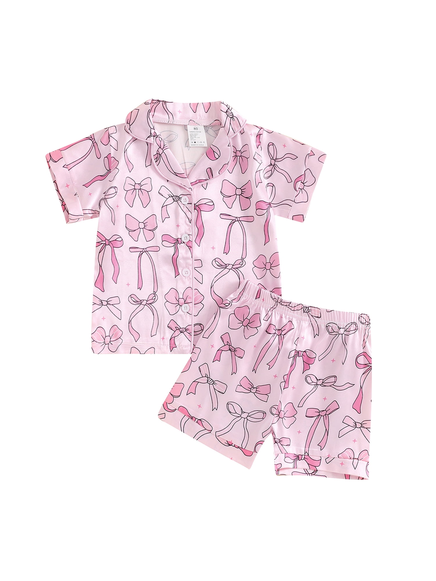 WEIKBMOL Little Girls 2Pcs Satin Pajama Set Short Sleeve Bow Print ...