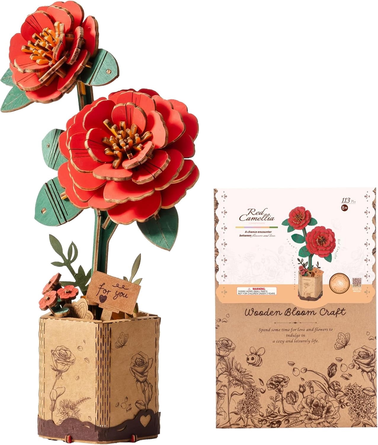 WEINIYA 3D Puzzles Wooden Flower Pink Rose DIY Model Building Kit to ...