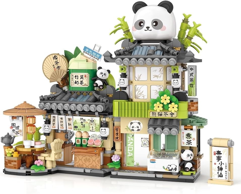 WEINIYA City Tea House Building Blocks Set, Openable Panda Construction ...