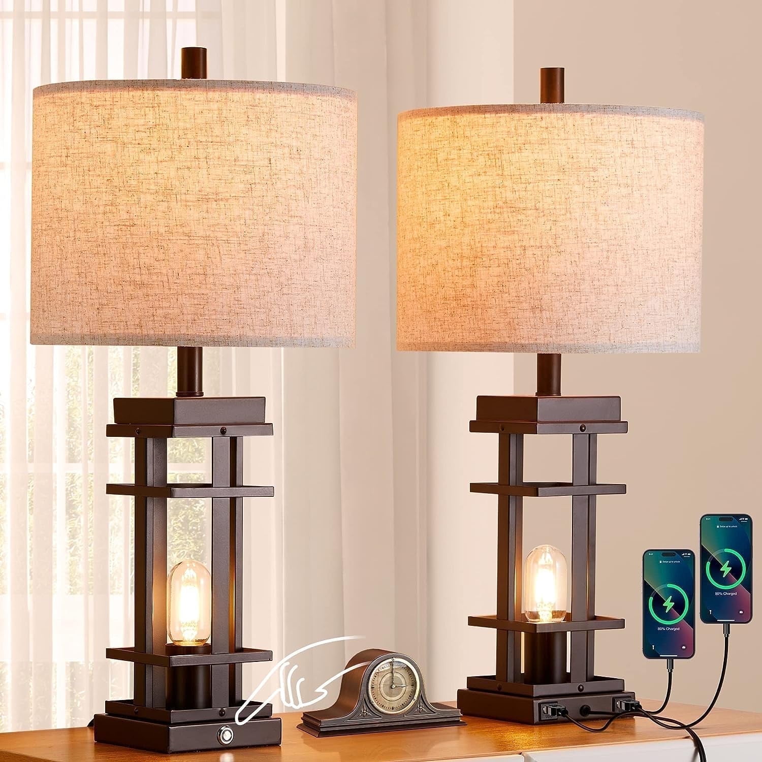 WEITERS Set of 2 Farmhouse Table Lamps, USB Ports, 26" Tall, 3-Way ...