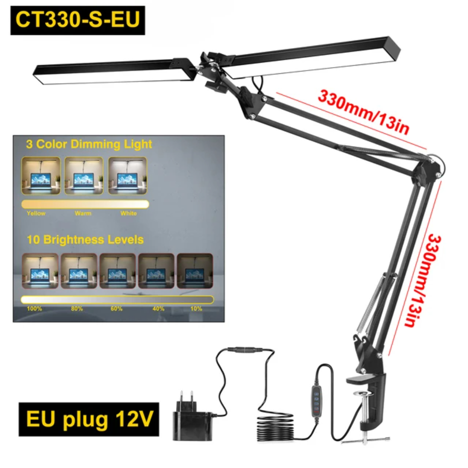 WEIYEYY 12V 24W Table Lamp 3 Color Dimmable LED Lights Eye-Caring Desk ...