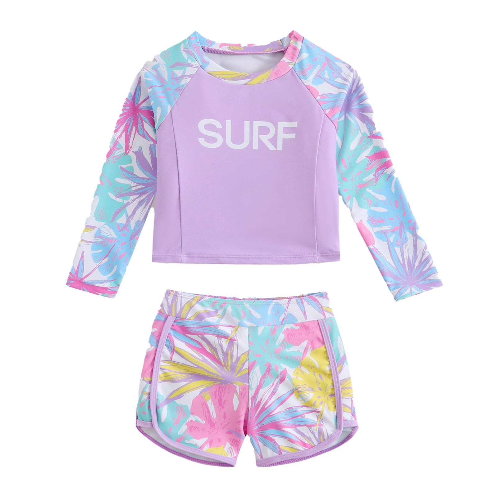 WEIYLL Girls Swimsuit Long Sleeve Leaf Print Cute Conservative Summer ...