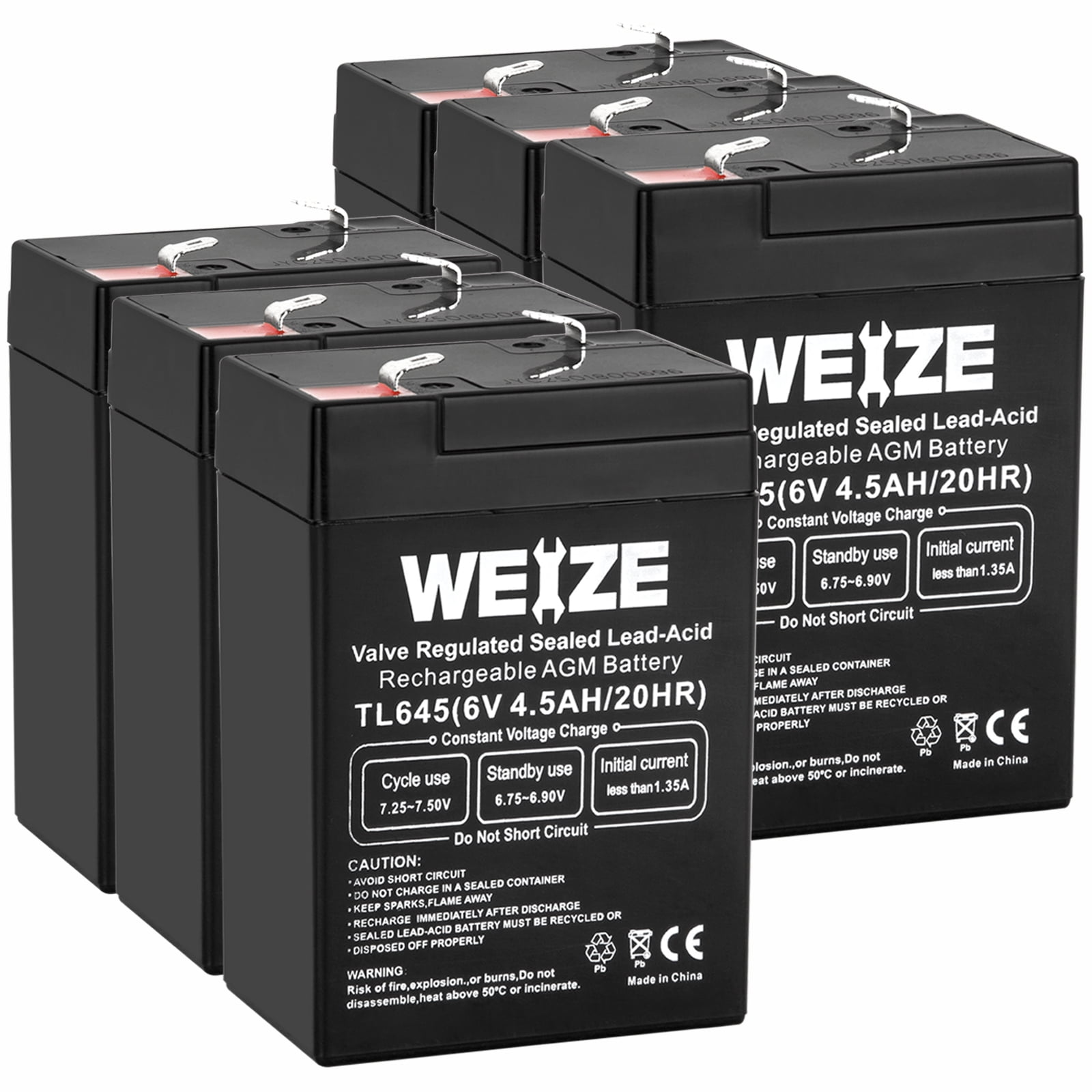 WEIZE Batteries AGM Battery 6 Pack 6V 4.5AH SLA Rechargeable (F1 ...