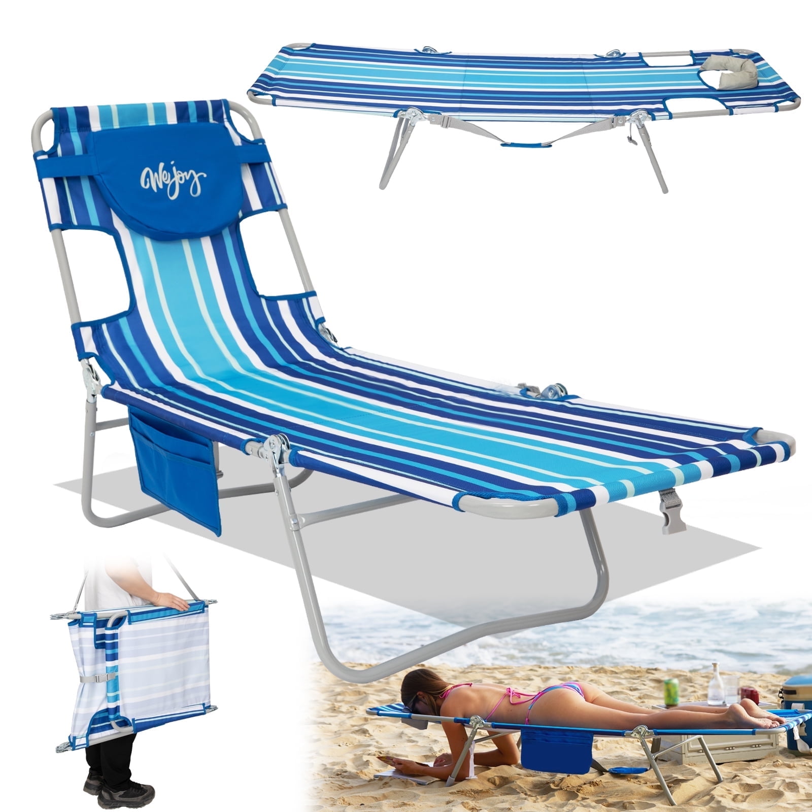 WEJOY Beach Lounge Chair, 5-Position Adjustable Folding Chaise, Tanning ...