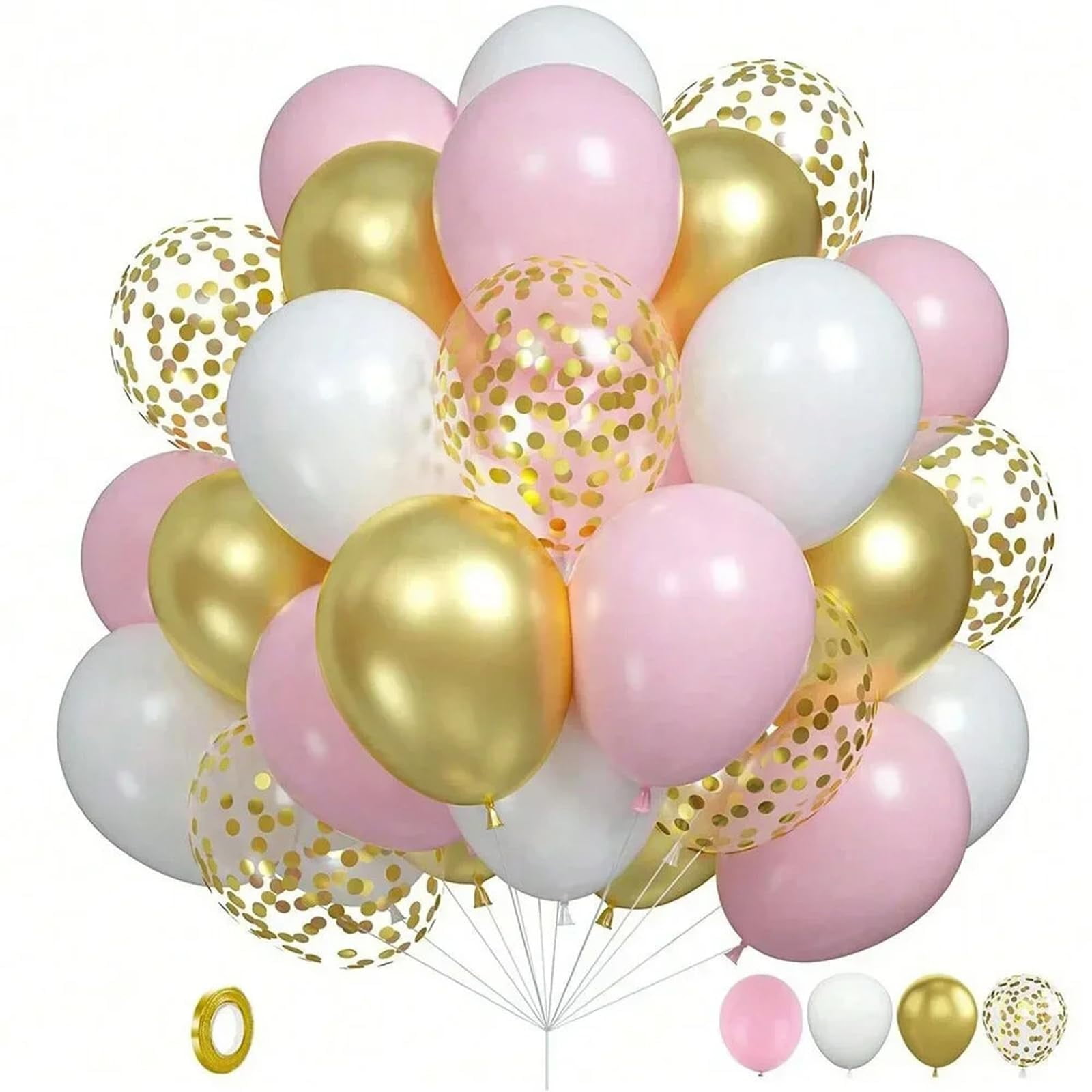 WEJUNQILYZILXD 20pcs 12 inch pink gold confetti balloons, pearl white latex balloons, wedding ...