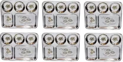WEKTU Durable Stainless Steel Pack of 6 bhojan thal Sectioned Plate ...