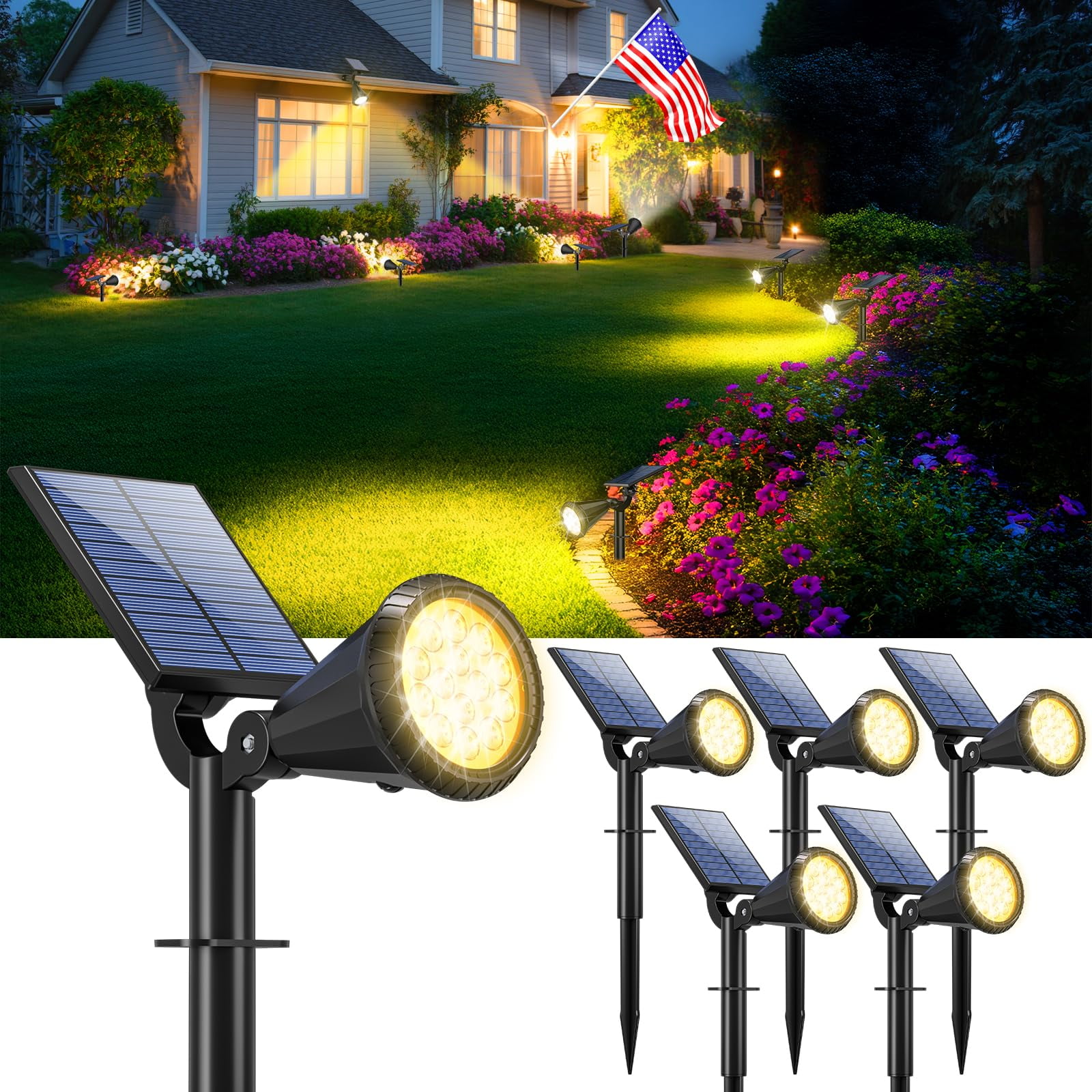 WELALO Solar Spot Lights Outdoor Waterproof for Flag, Pack/4 Modes ...