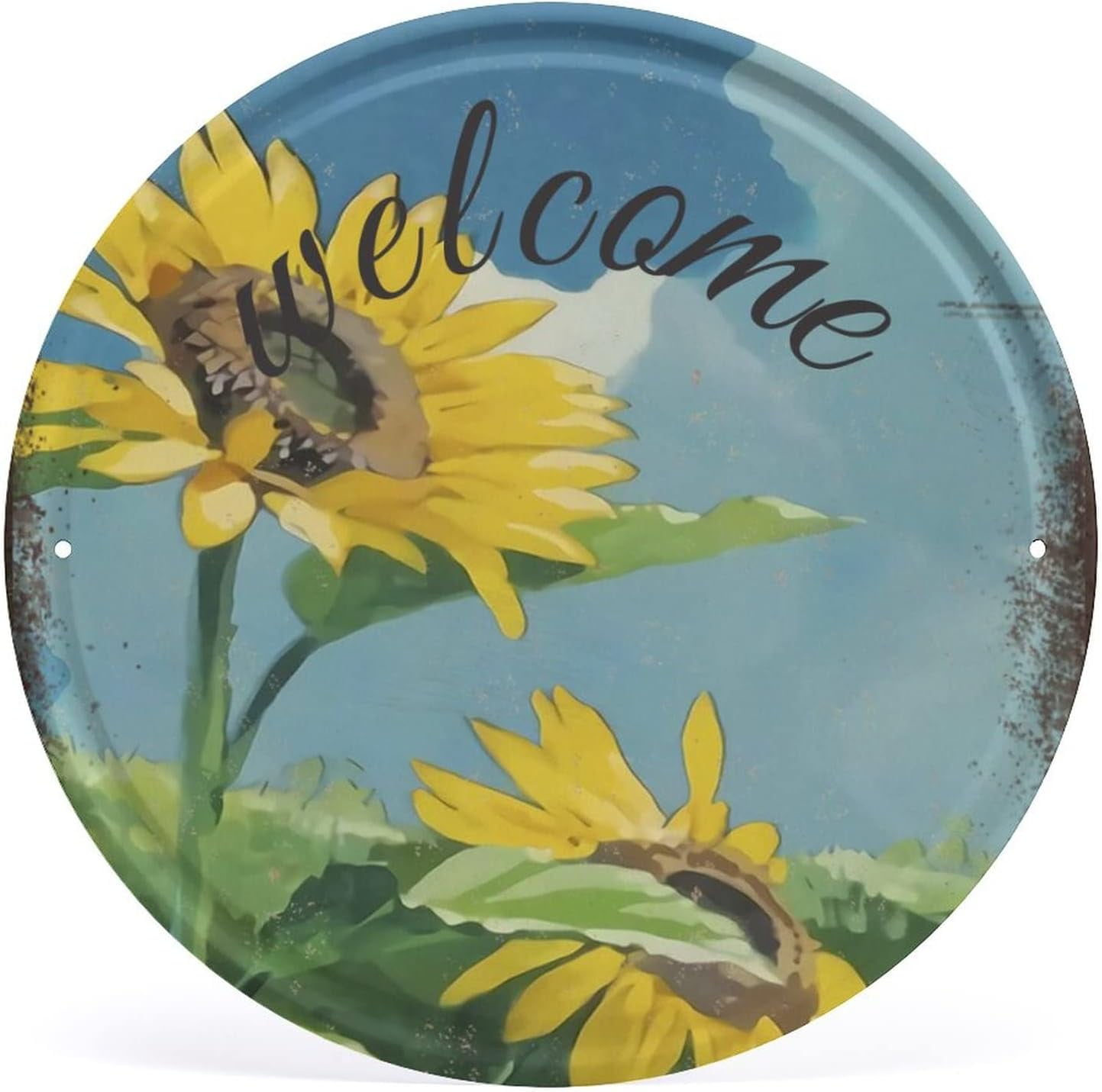 WELCOME Sunflowers signs wall decor Creative Round Metal Tin Retro Sign ...