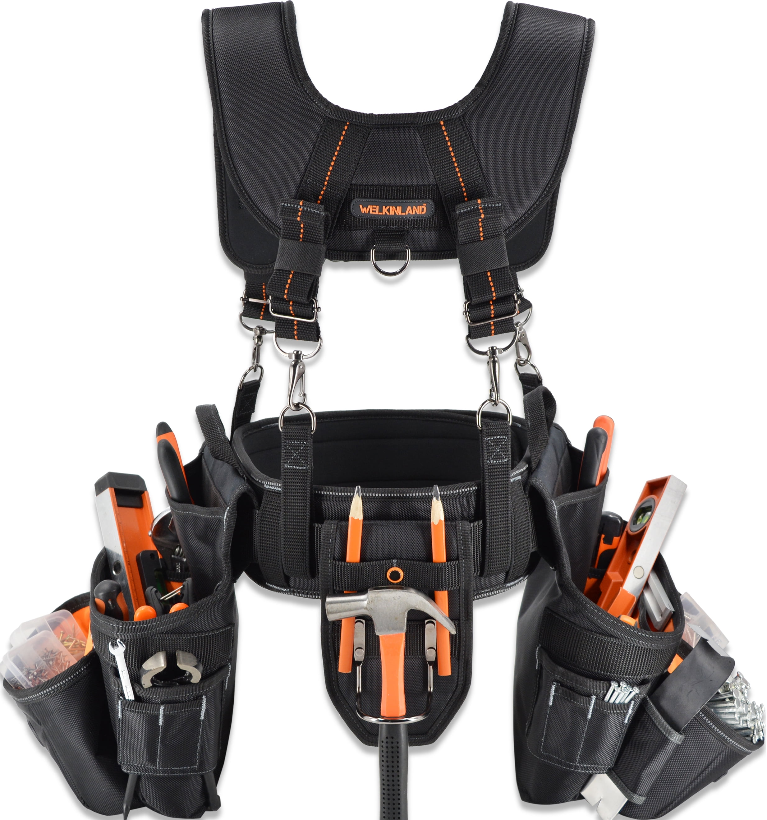 WELKINLAND 39Pockets Tool belts for men with suspenders, 4" Padded ...