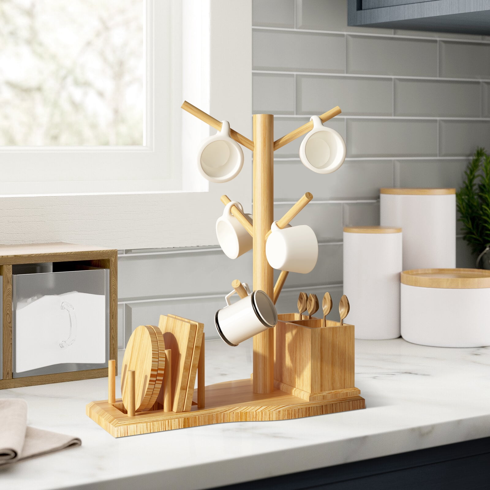 WELLAND Bamboo Multifunctional Mug Tree Mug Holder Tableware Storage ...