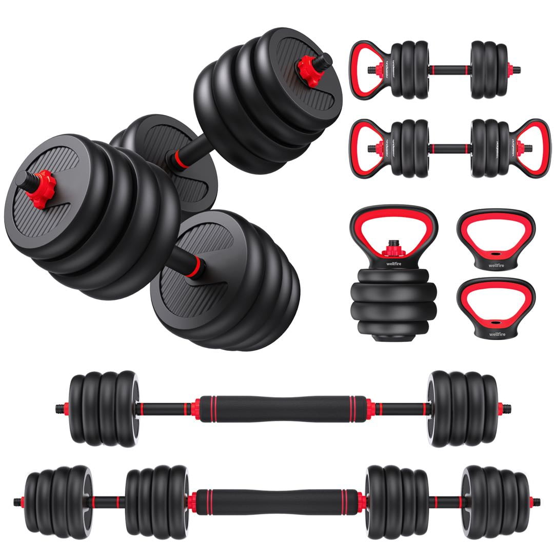 WELLFIRE Adjustable Dumbbell Set, 65lbs, 4-in-1, Black, with Barbell ...