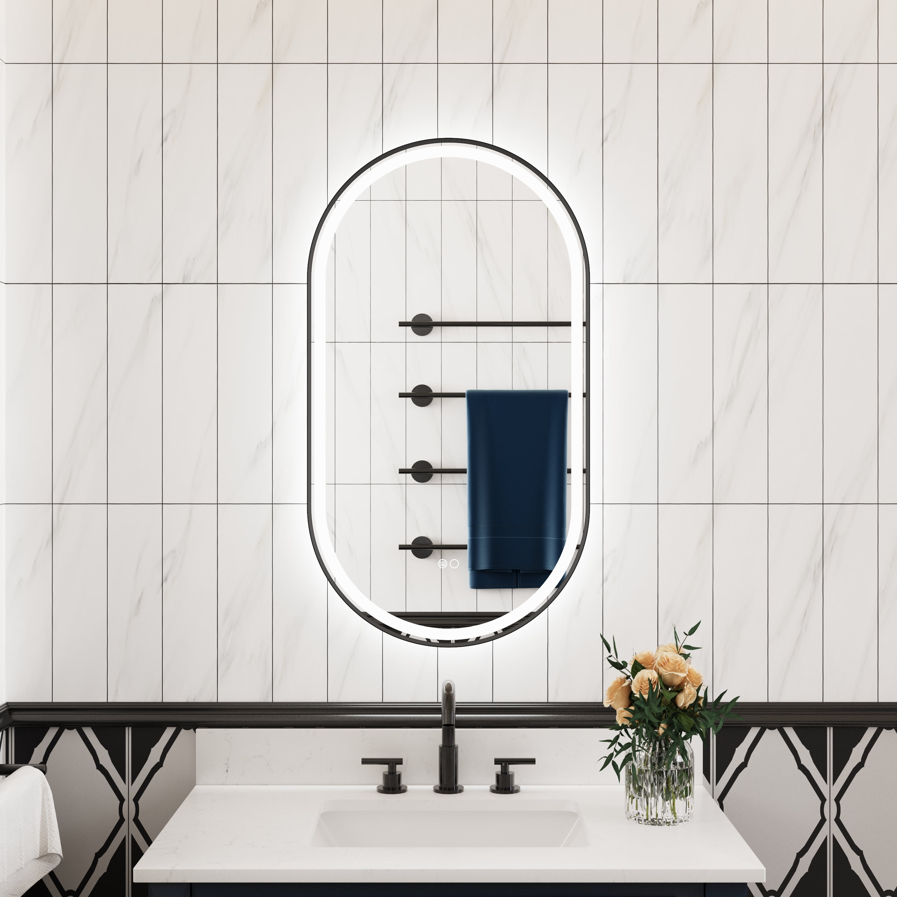 WELLFOR 20 x 36 Inch Oval Lighted Bathroom Vanity Mirror, Front and ...