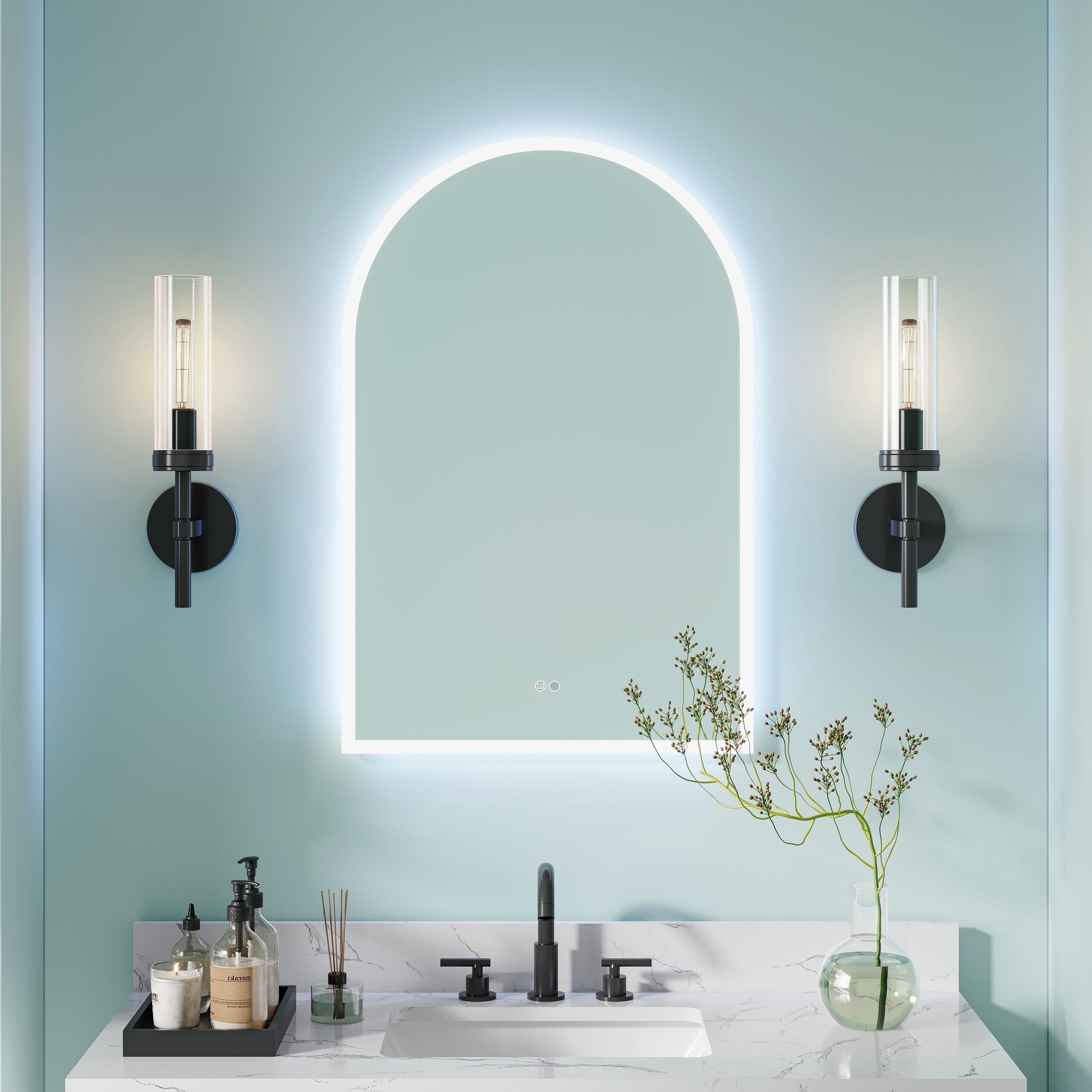 ANGELES HOME 24"x36" Arched Bathroom Mirror with Lights, Front and ...