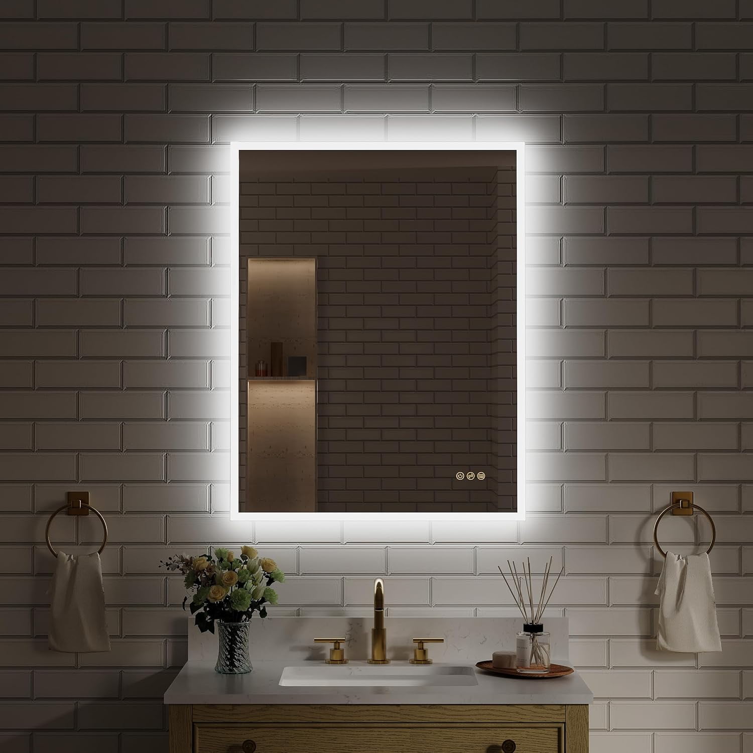 WELLFOR 28 x 36 Inch Bathroom Mirror with Lights, Lighted Bathroom ...
