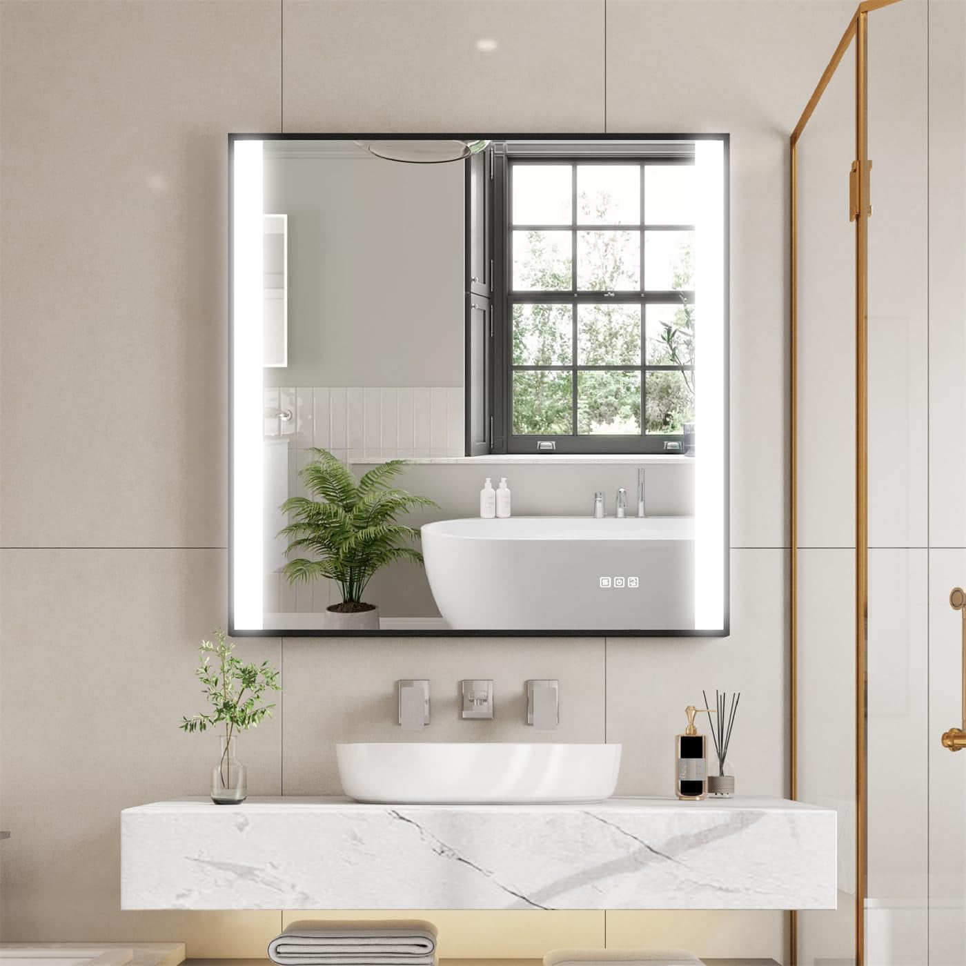 WELLFOR 36" x 36" Framed LED Bathroom Mirror, Wall Mounted Bathroom ...