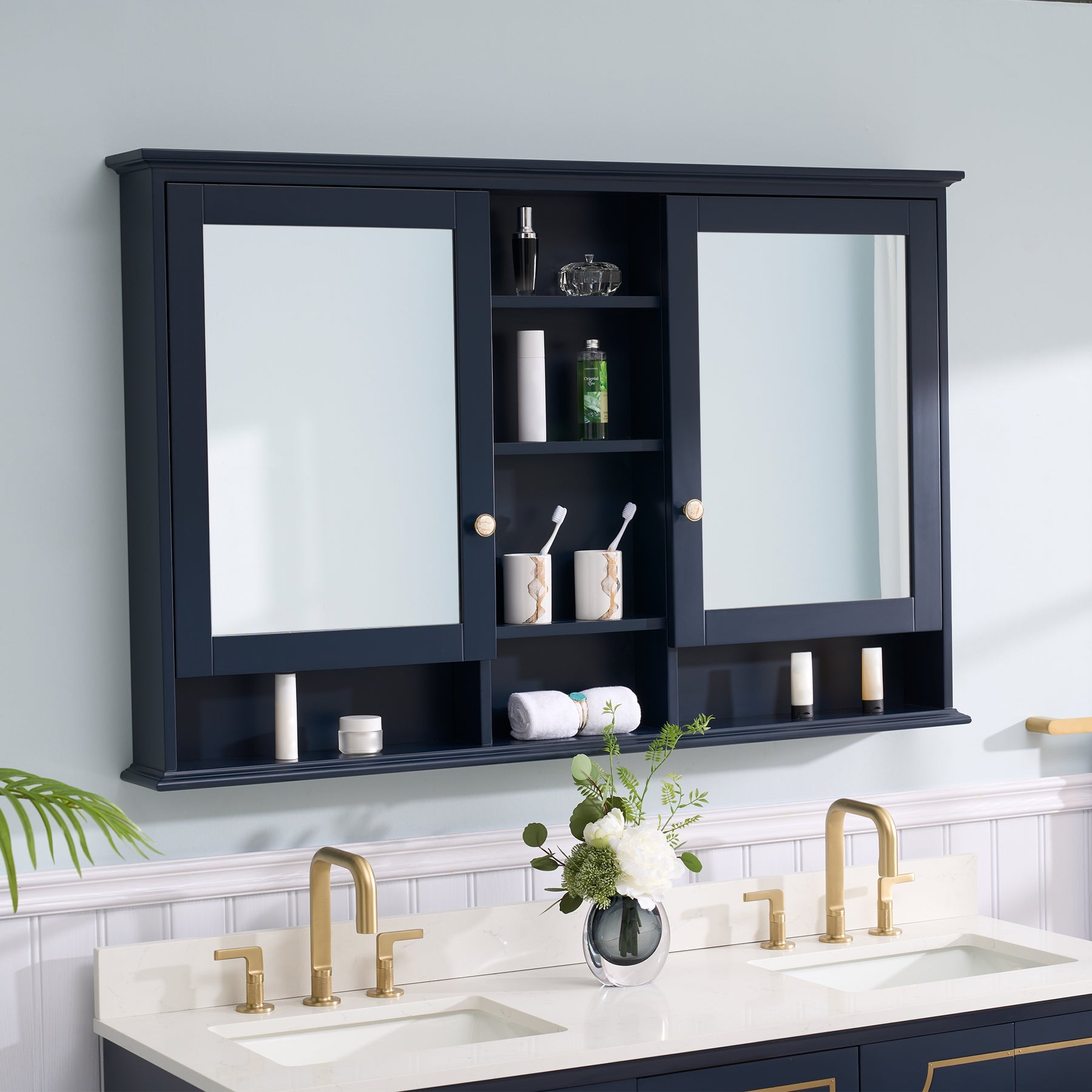 WELLFOR 55 x 35 Wall Mounted Mirrored Medicine Cabinet for Bathroom 3 Tier Wood Mirror Cabinet Storage with 2 Soft close Door Bathroom Accessory
