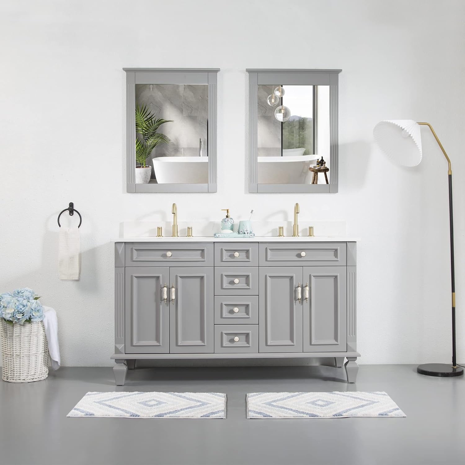 WELLFOR 60" Bathroom Vanity with 2 Sinks and 2 Anti-Fog Mirrors, Large ...