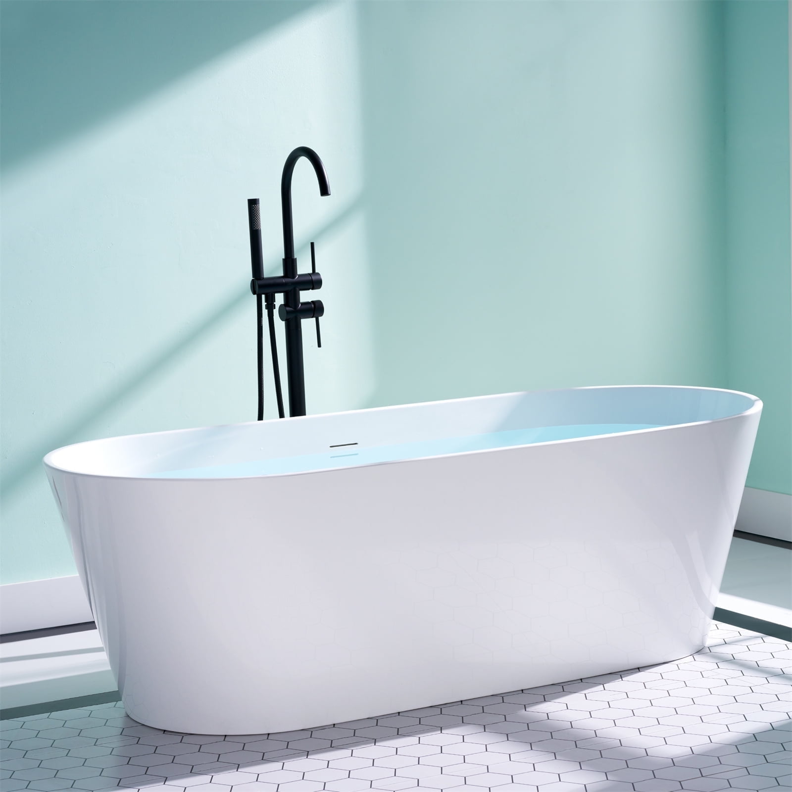 WELLFOR 67" Acrylic Freestanding Bathtub, Soaking White Bathtub with ...