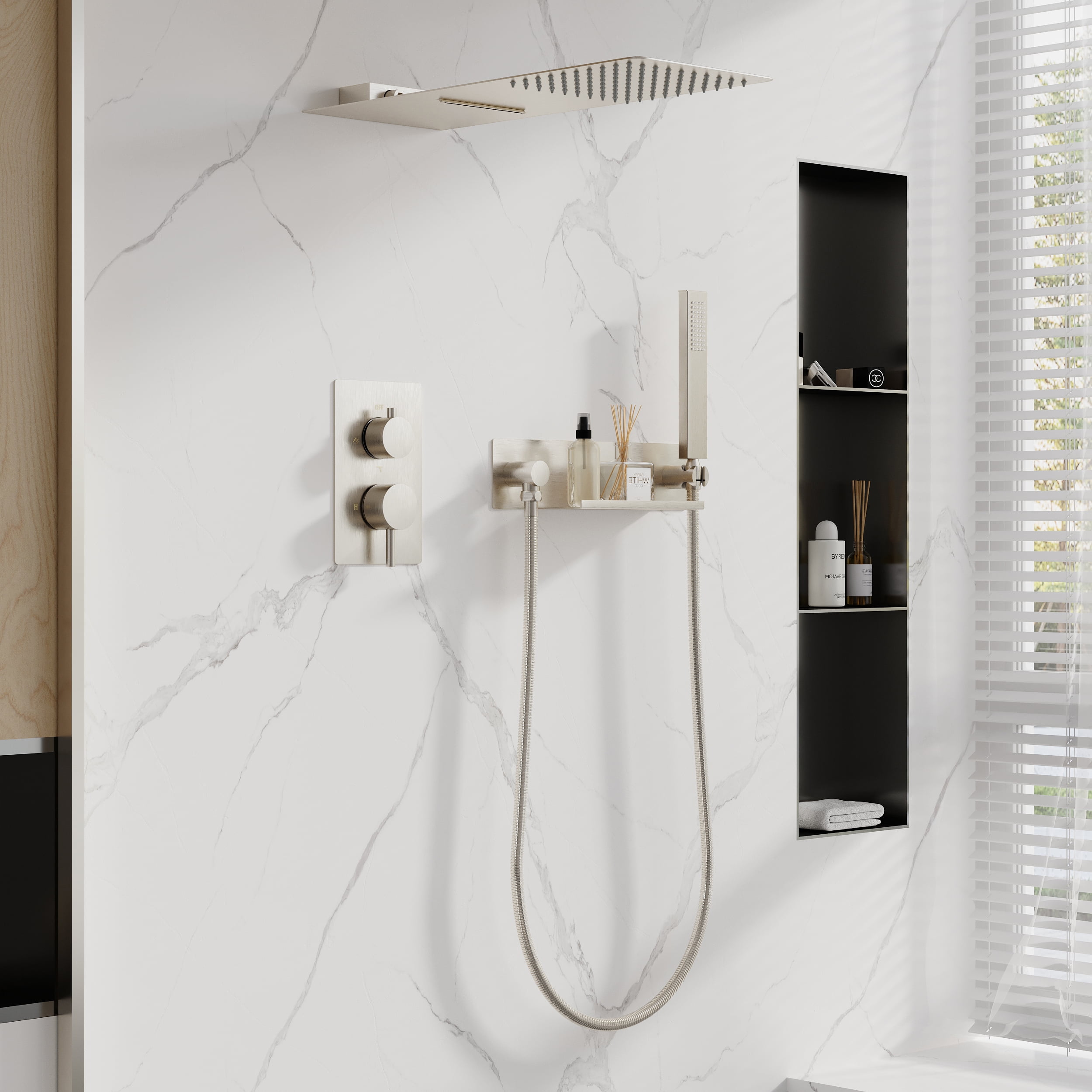 WELLFOR Rainfall Shower System with Storage Shelf, Rain Shower Head and ...