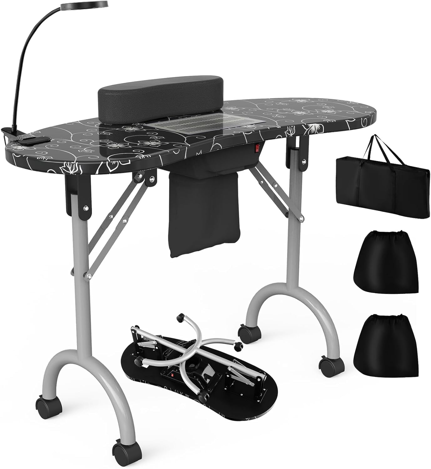 WELLHUT Manicure Table Portable Nail Table Desk with LED Nail Lamp ...
